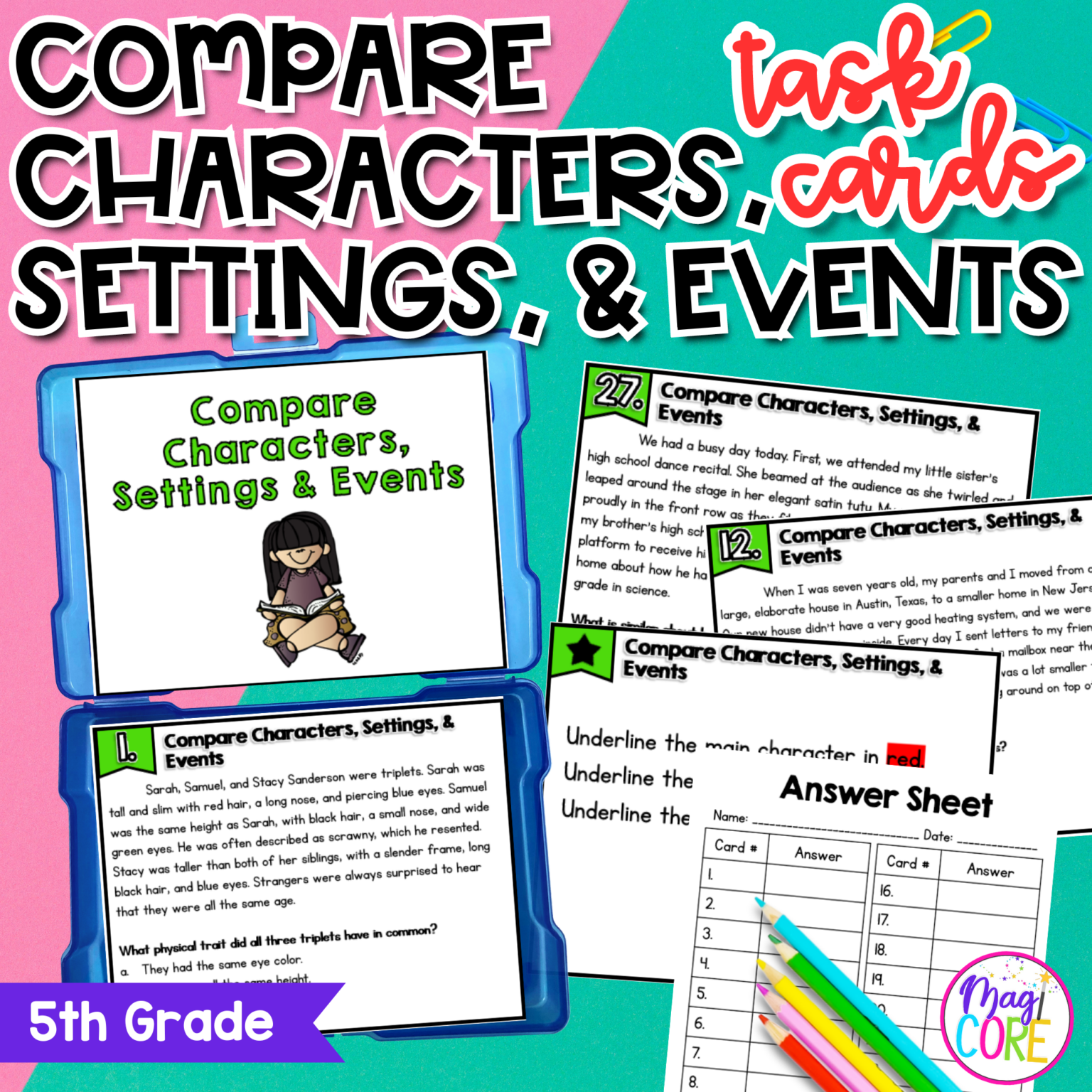 Compare Characters Settings and Events Task Cards - 5th Grade | MagiCore