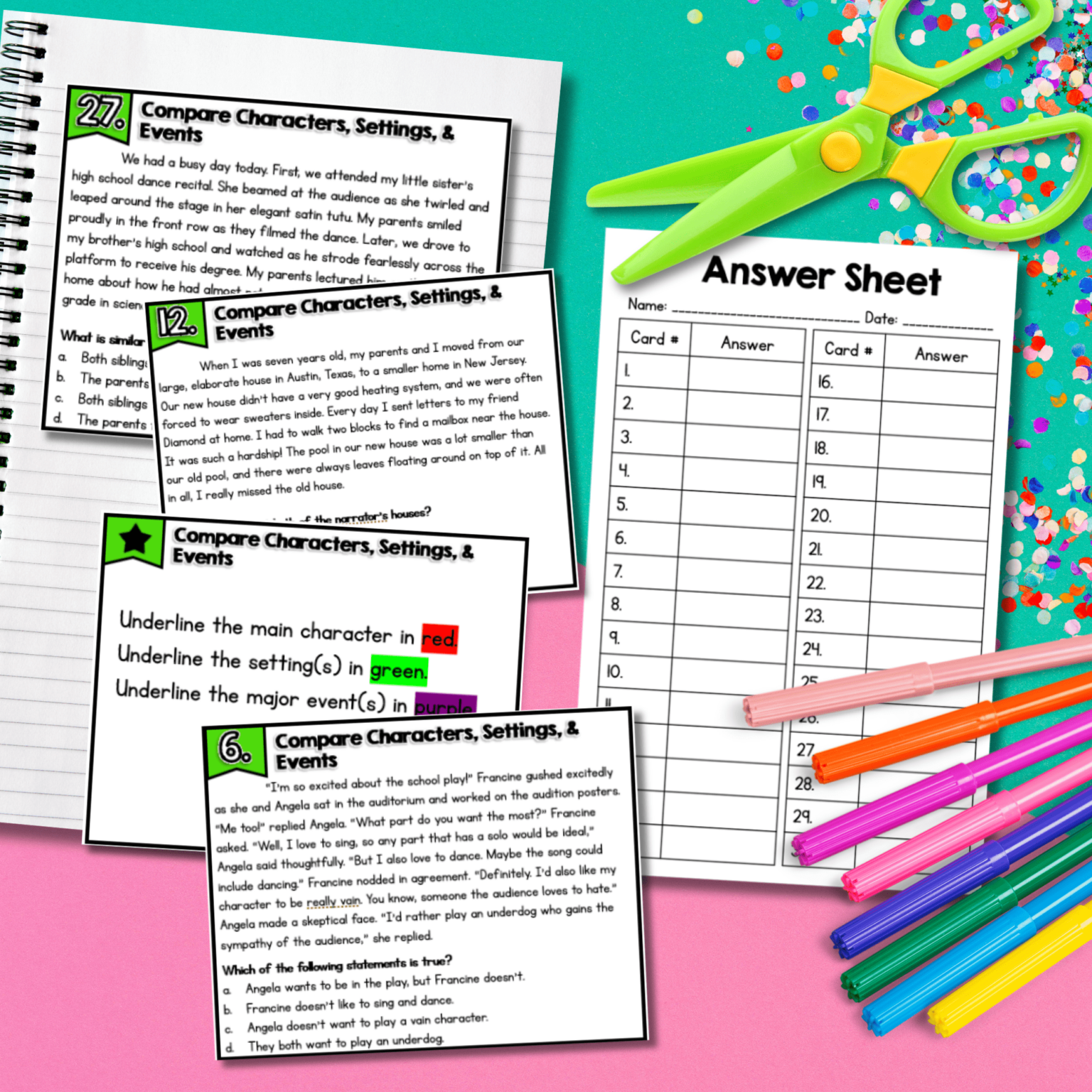 Compare Characters Settings and Events Task Cards - 5th Grade | MagiCore