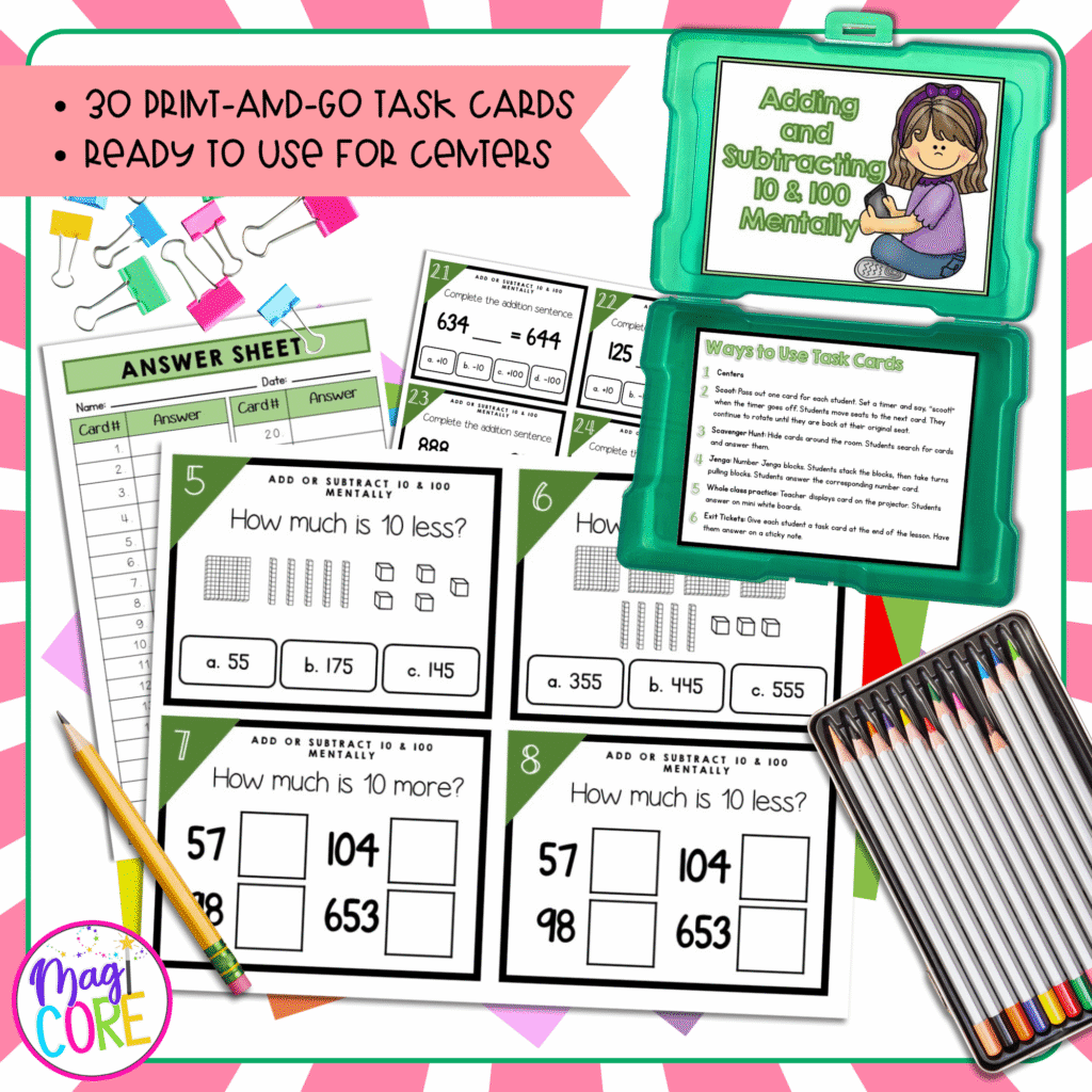 Add & Subtract 10 & 100 - 2nd Grade Math Task Cards - 2.NBT.B.8 | MagiCore