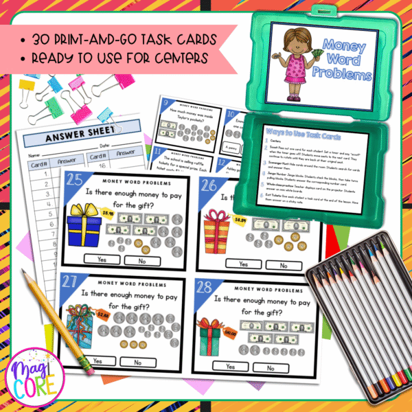 Money Word Problems - 2nd Grade Math Task Cards - 2.MD.C.8 | MagiCore