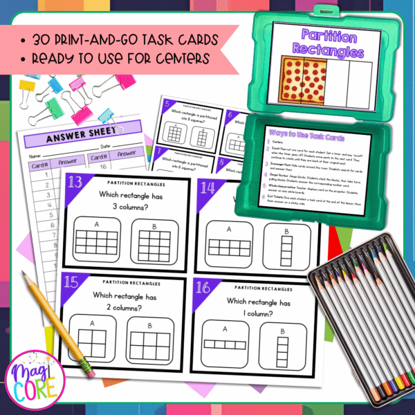Partition Rectangles into Rows & Columns - 2nd Grade Task Cards | MagiCore