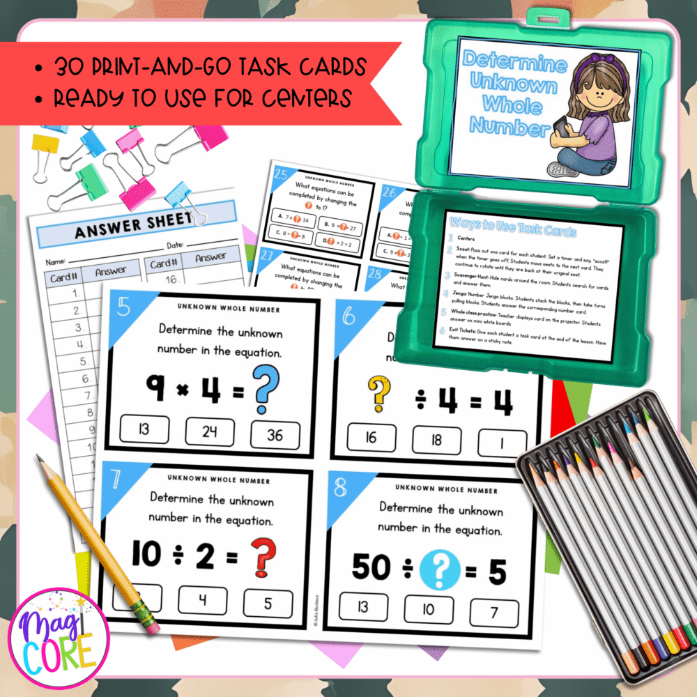 Determine Unknown Whole Number - 3rd Grade Task Cards - 3.OA.A.4 | MagiCore