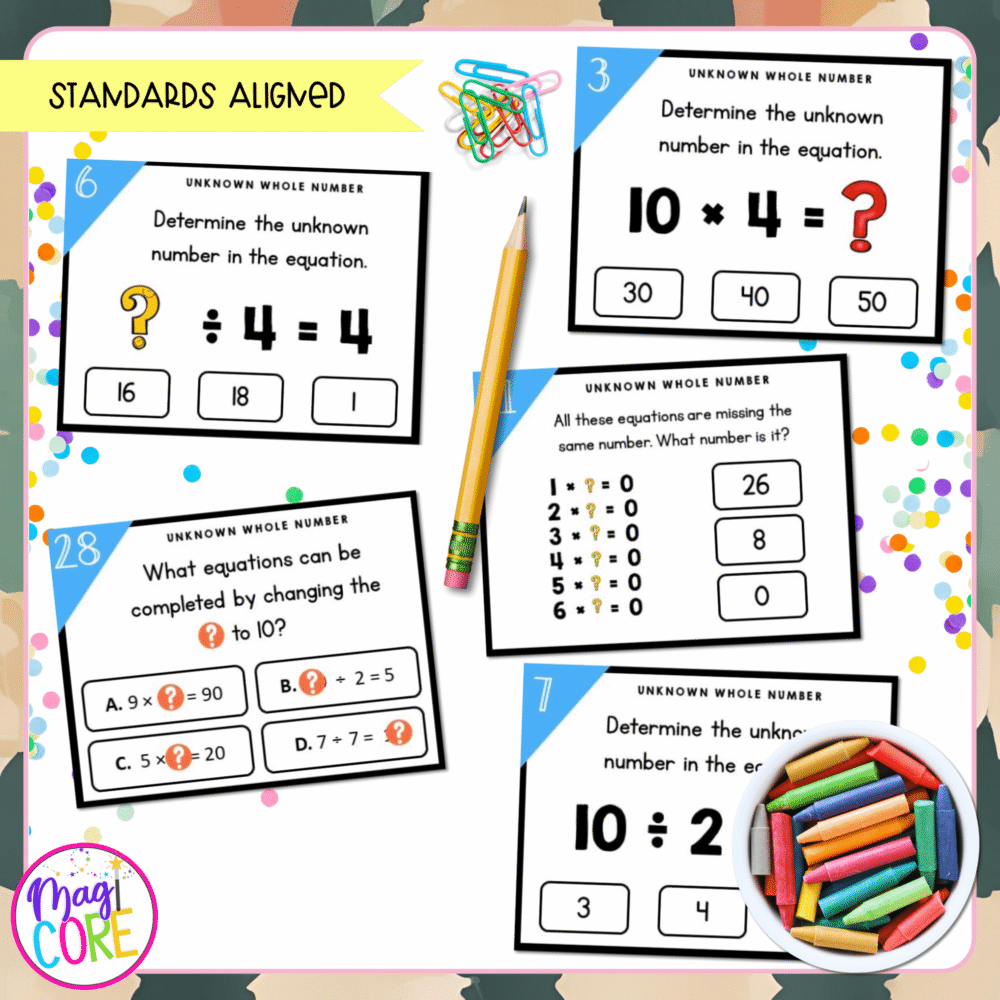 Determine Unknown Whole Number - 3rd Grade Task Cards - 3.OA.A.4 | MagiCore