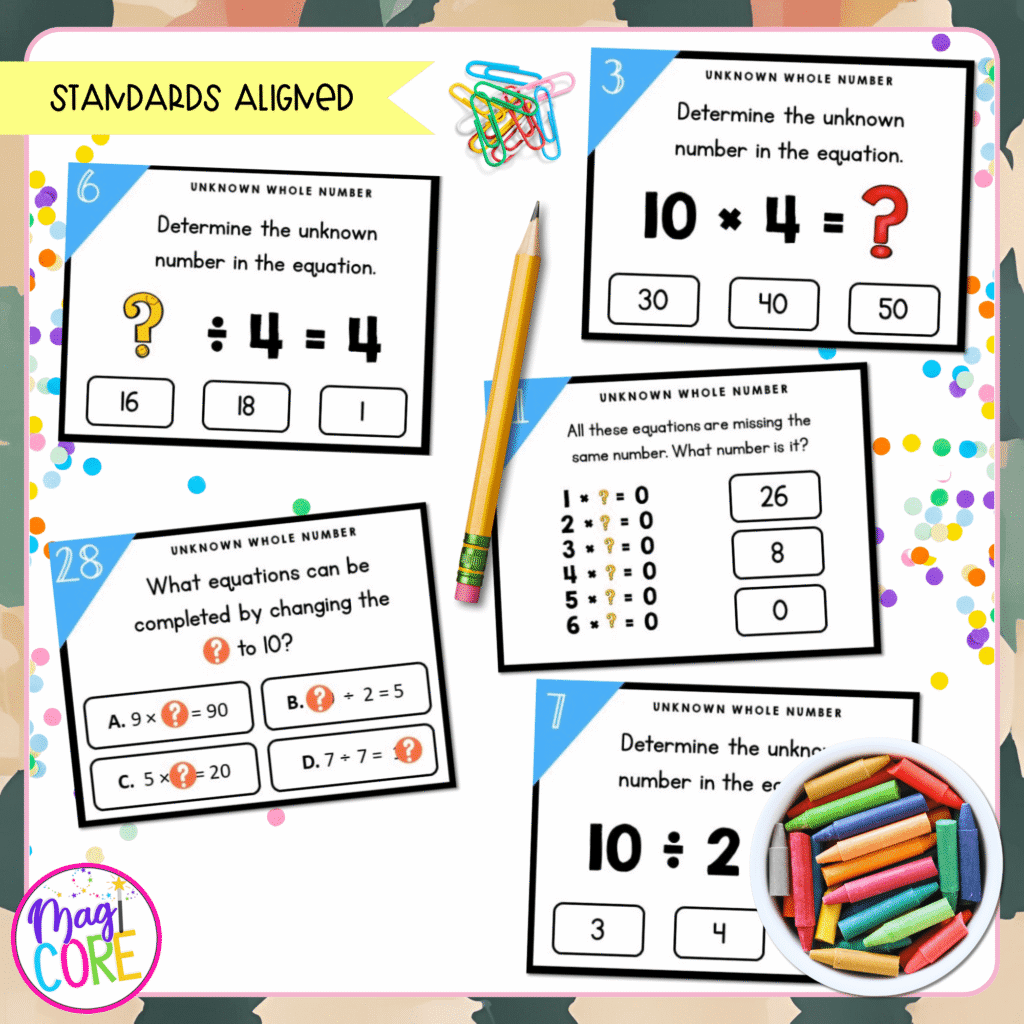 Determine Unknown Whole Number - 3rd Grade Task Cards - 3.OA.A.4 | MagiCore