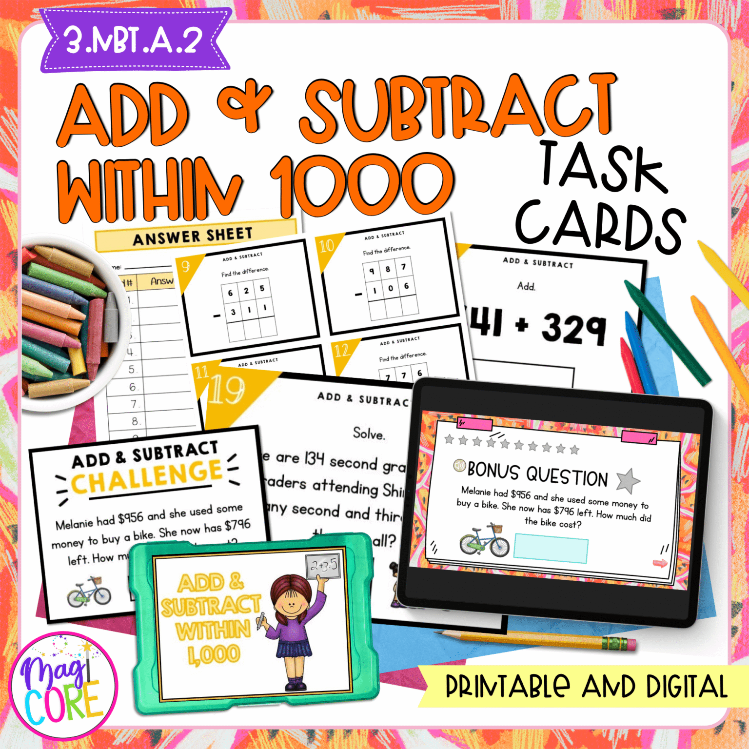 Add & Subtract within 1000 - 3rd Grade Task Cards - 3.NBT.A.2 | MagiCore