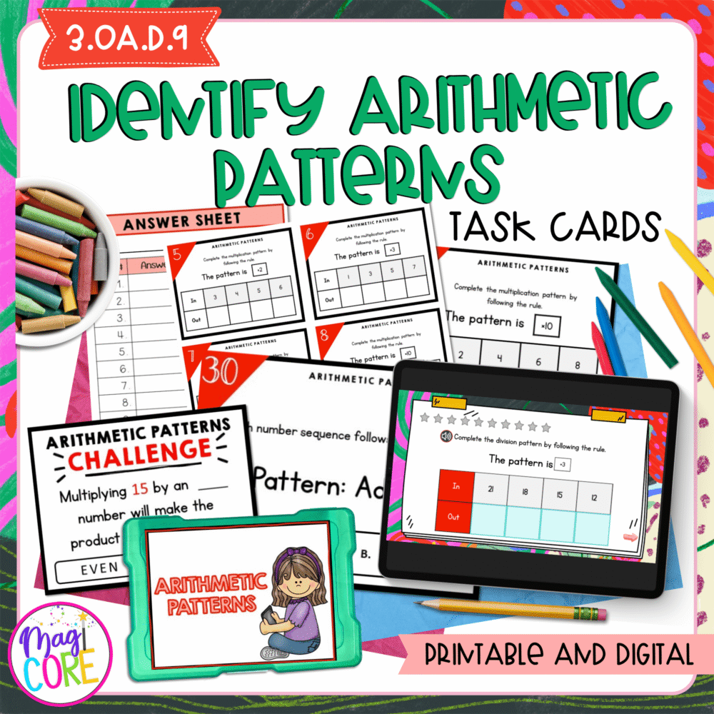 Identify Arithmetic Patterns - 3rd Grade Task Cards - 3.OA.D.9 | MagiCore
