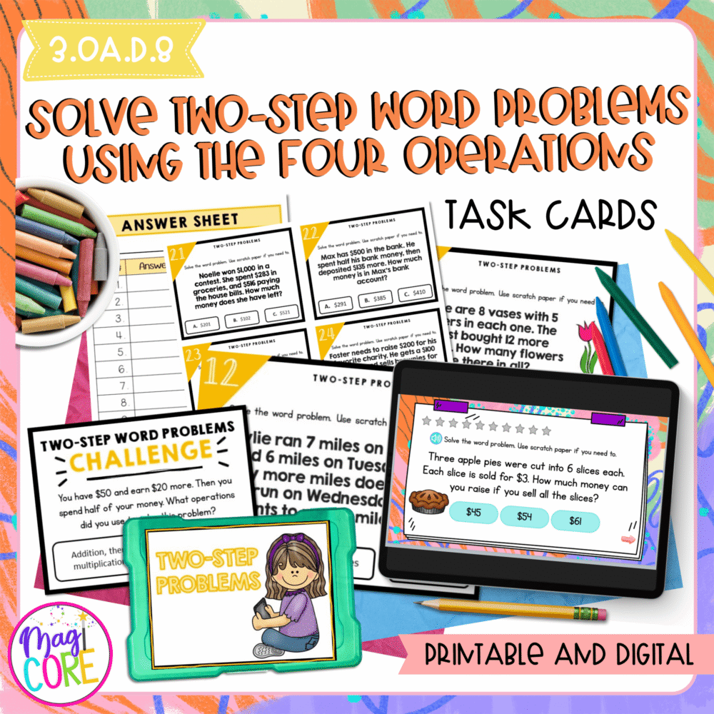 Two-Step Word Problems - 3rd Grade Math Task Cards - 3.OA.D.8 | MagiCore