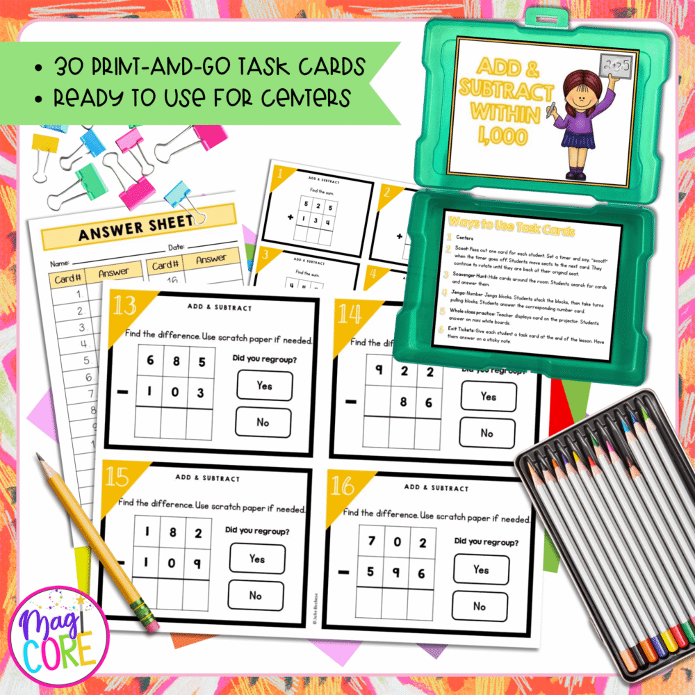 Add & Subtract within 1000 - 3rd Grade Task Cards - 3.NBT.A.2 | MagiCore