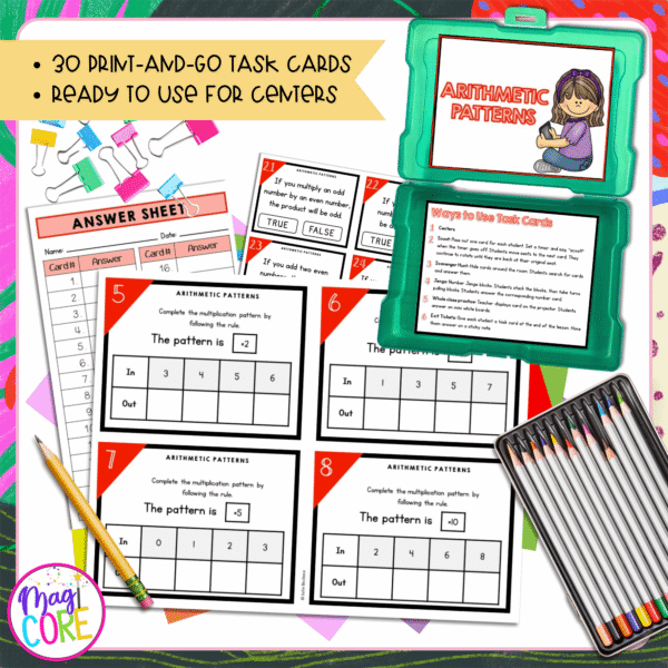 Identify Arithmetic Patterns - 3rd Grade Task Cards - 3.OA.D.9 | MagiCore