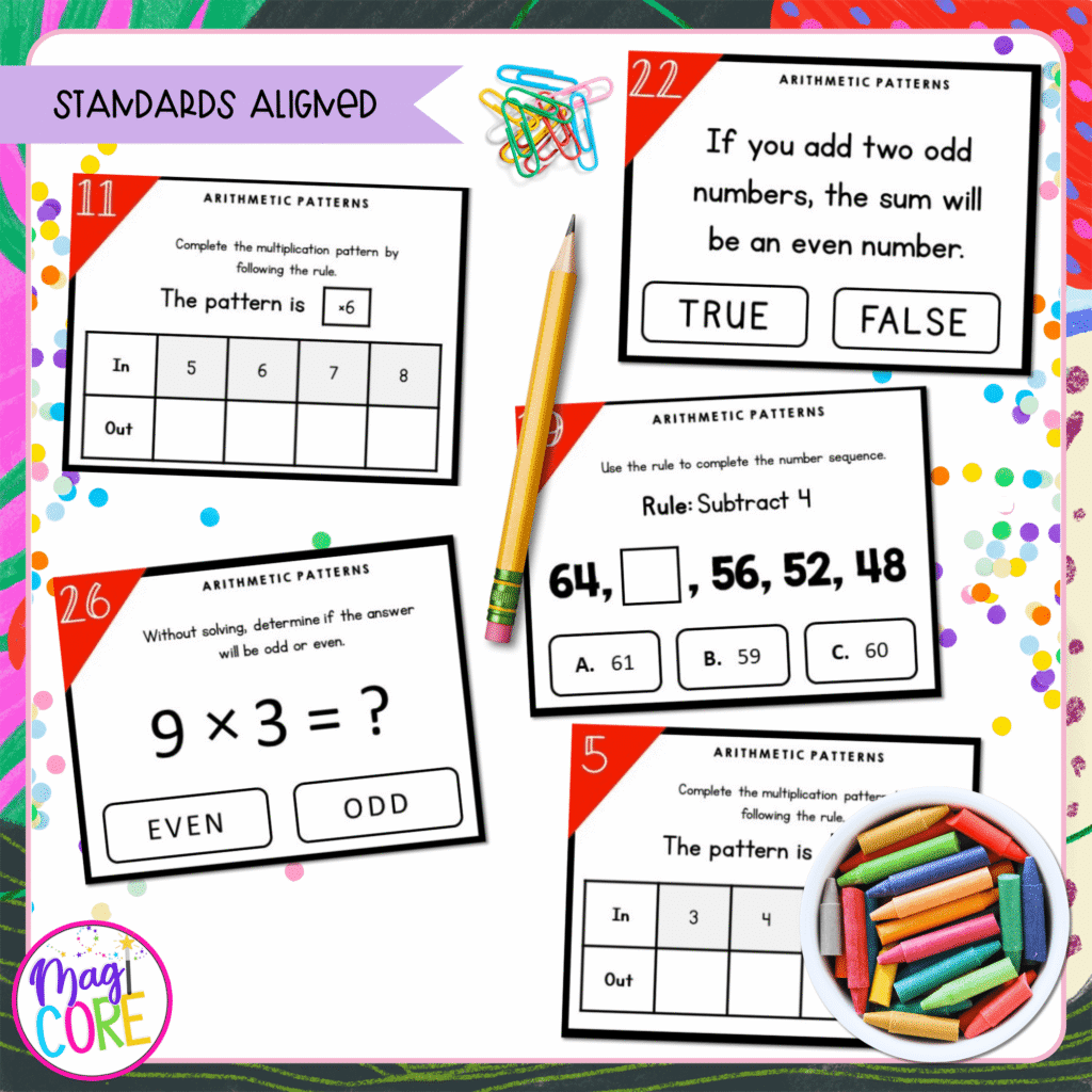 Identify Arithmetic Patterns - 3rd Grade Task Cards - 3.OA.D.9 | MagiCore