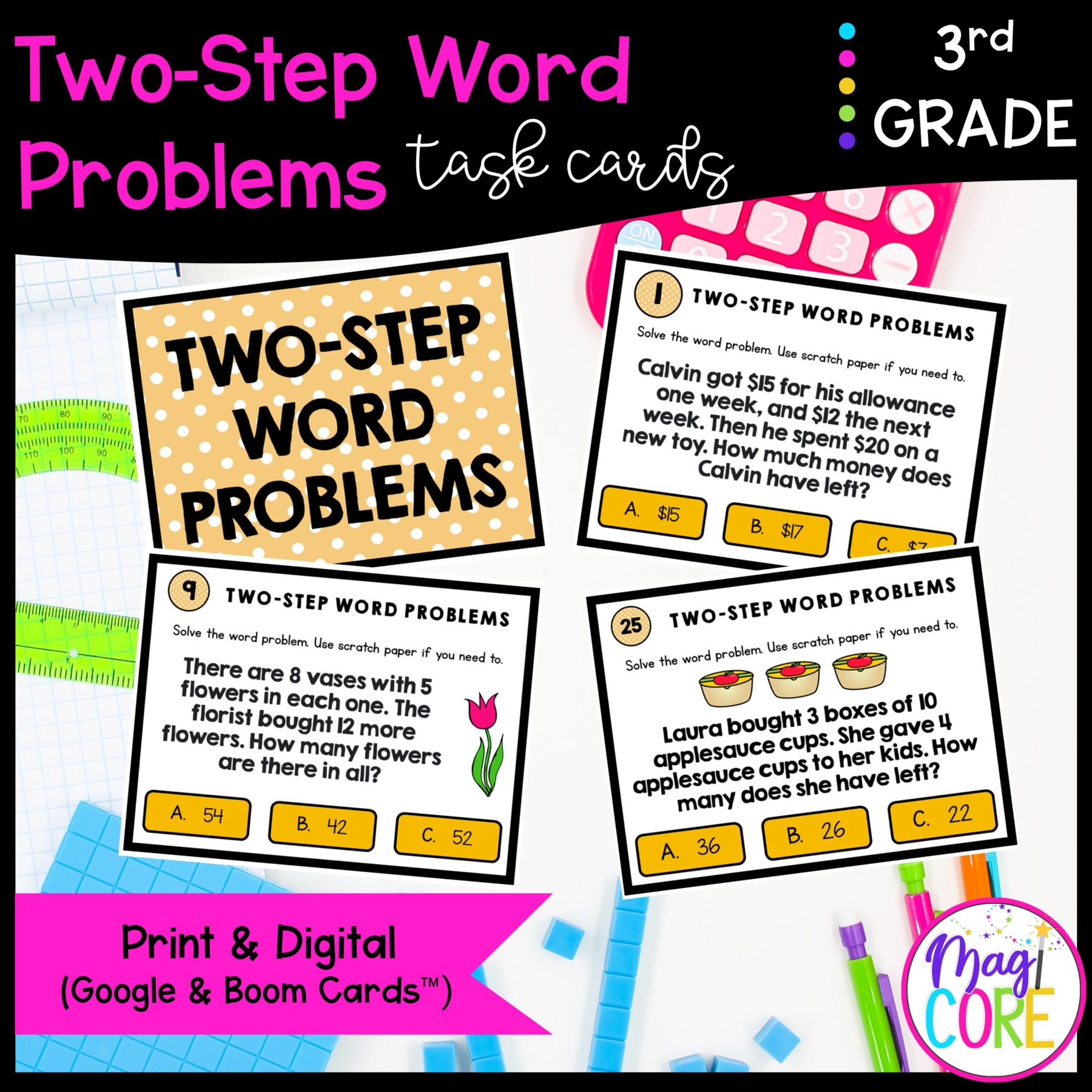 Two Step Word Problems 3rd Grade Math Task Cards 3 OA D 8 Magicore