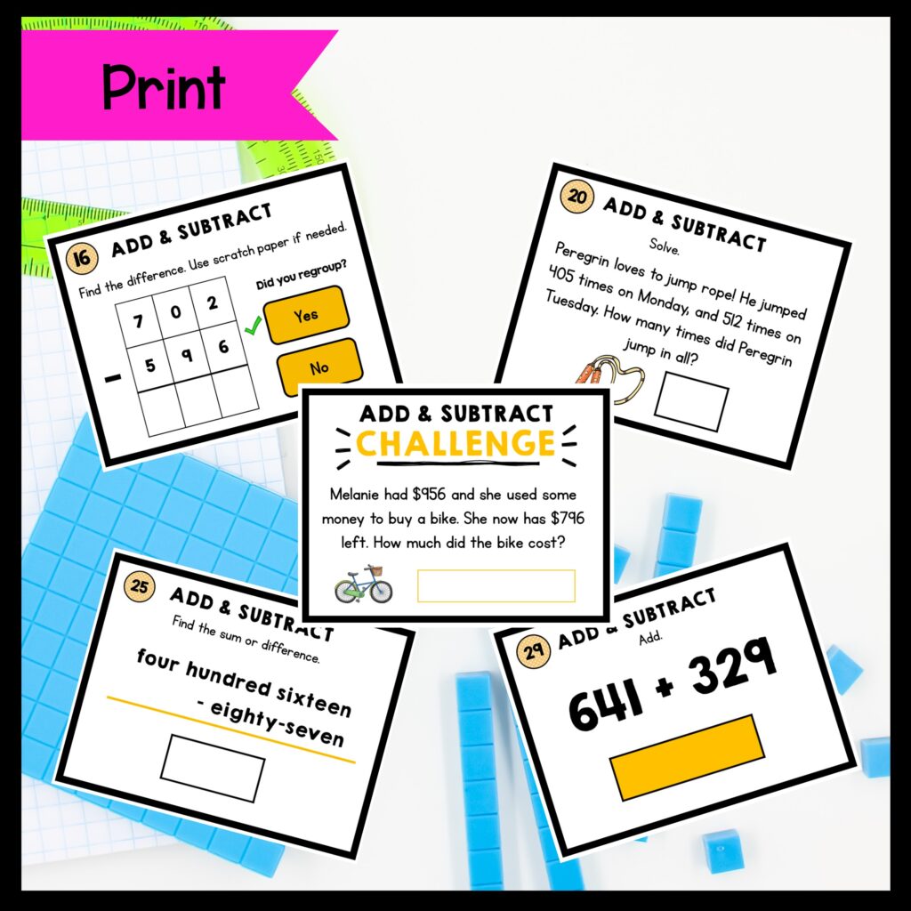 Add & Subtract within 1000 - 3rd Grade Task Cards - 3.NBT.A.2 | Magicore