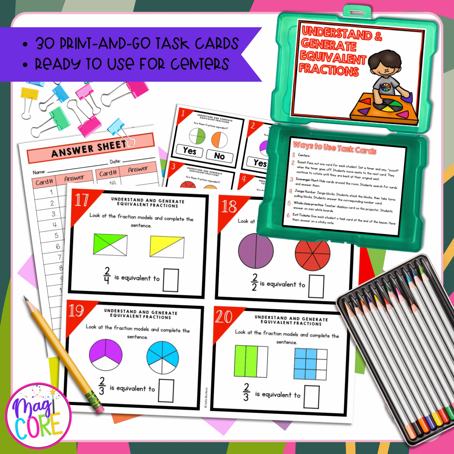 Equivalent Fractions - 3rd Grade Math Task Cards - 3.NF.A.3 (A & B ...