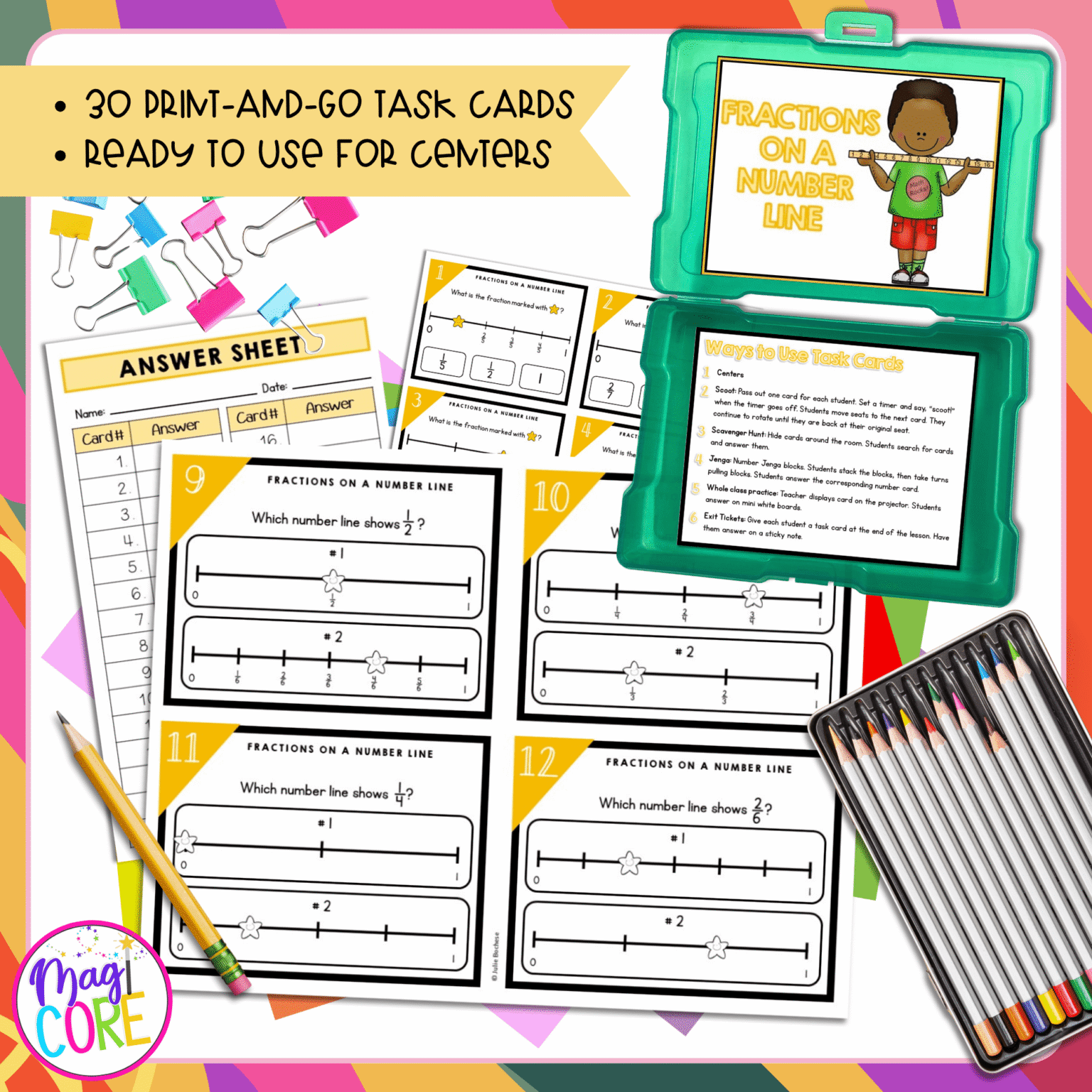 Fractions on a Number Line - 3rd Math Task Cards - 3.NF.A.2 | MagiCore