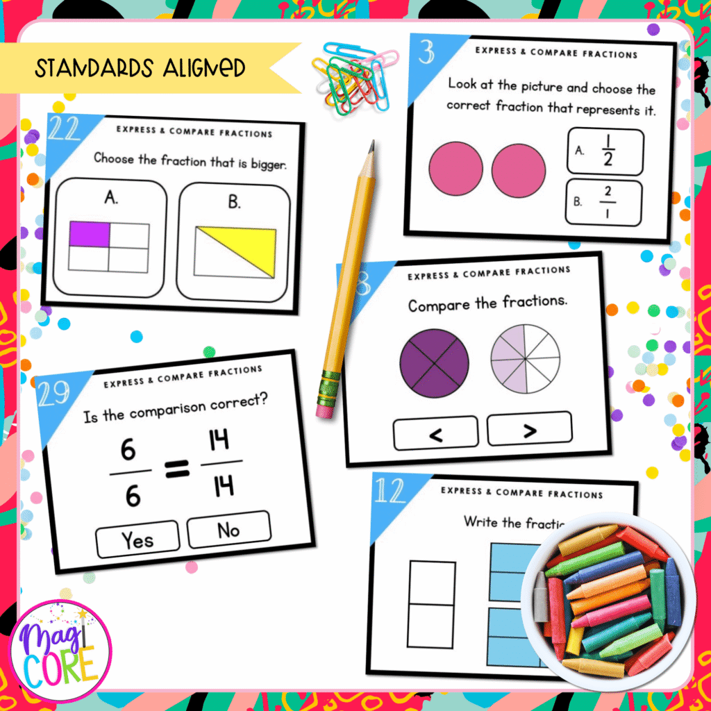 Express & Compare Fractions - 3rd Grade Task Cards - 3.NF.A.3 | MagiCore
