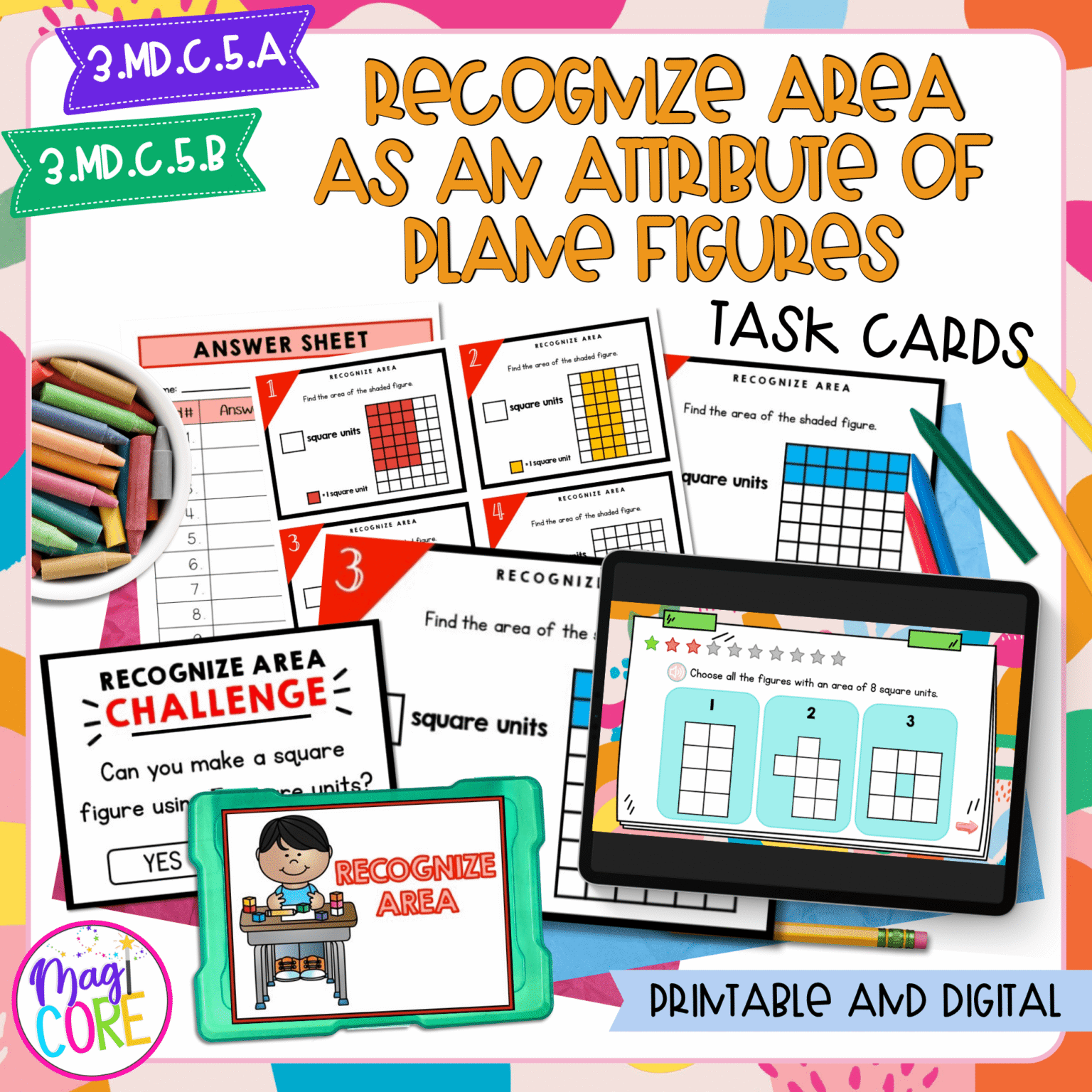 Recognize Area as an Attribute - 3rd Grade Task Cards 3.MD.C.5 | MagiCore