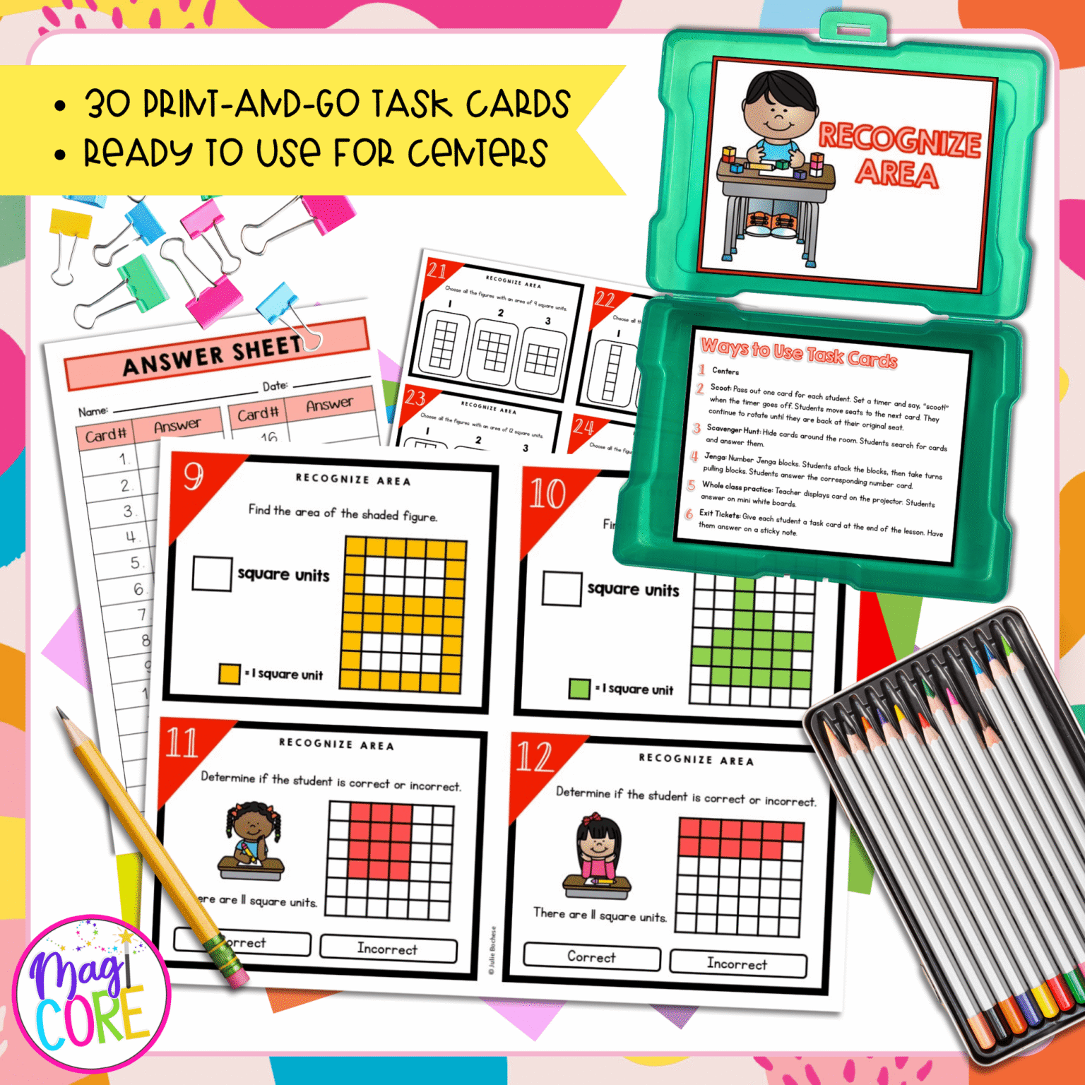 Recognize Area as an Attribute - 3rd Grade Task Cards 3.MD.C.5 | MagiCore