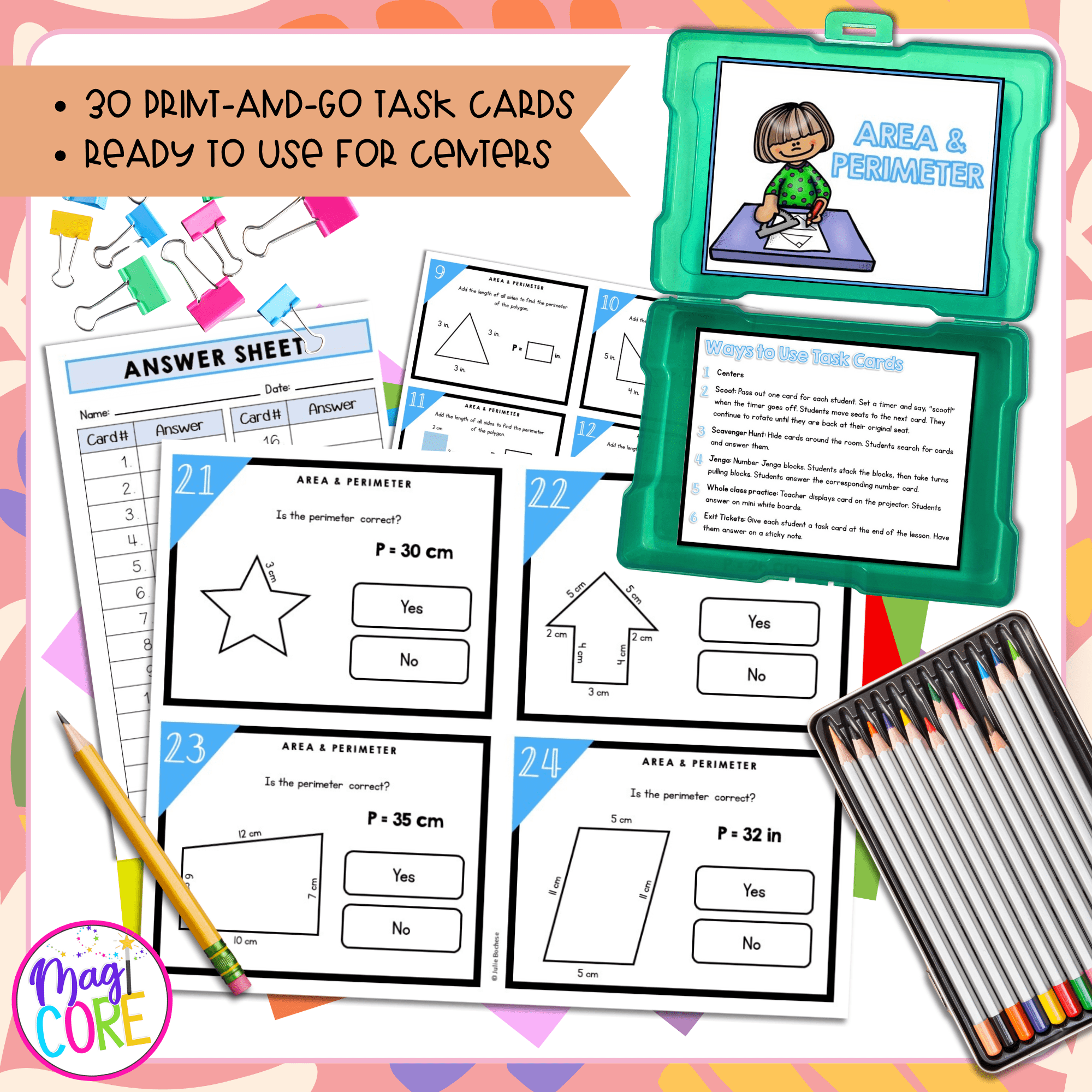 Area and Perimeter Shapes - 3rd Grade Math Task Cards 3.MD.D.8 | MagiCore