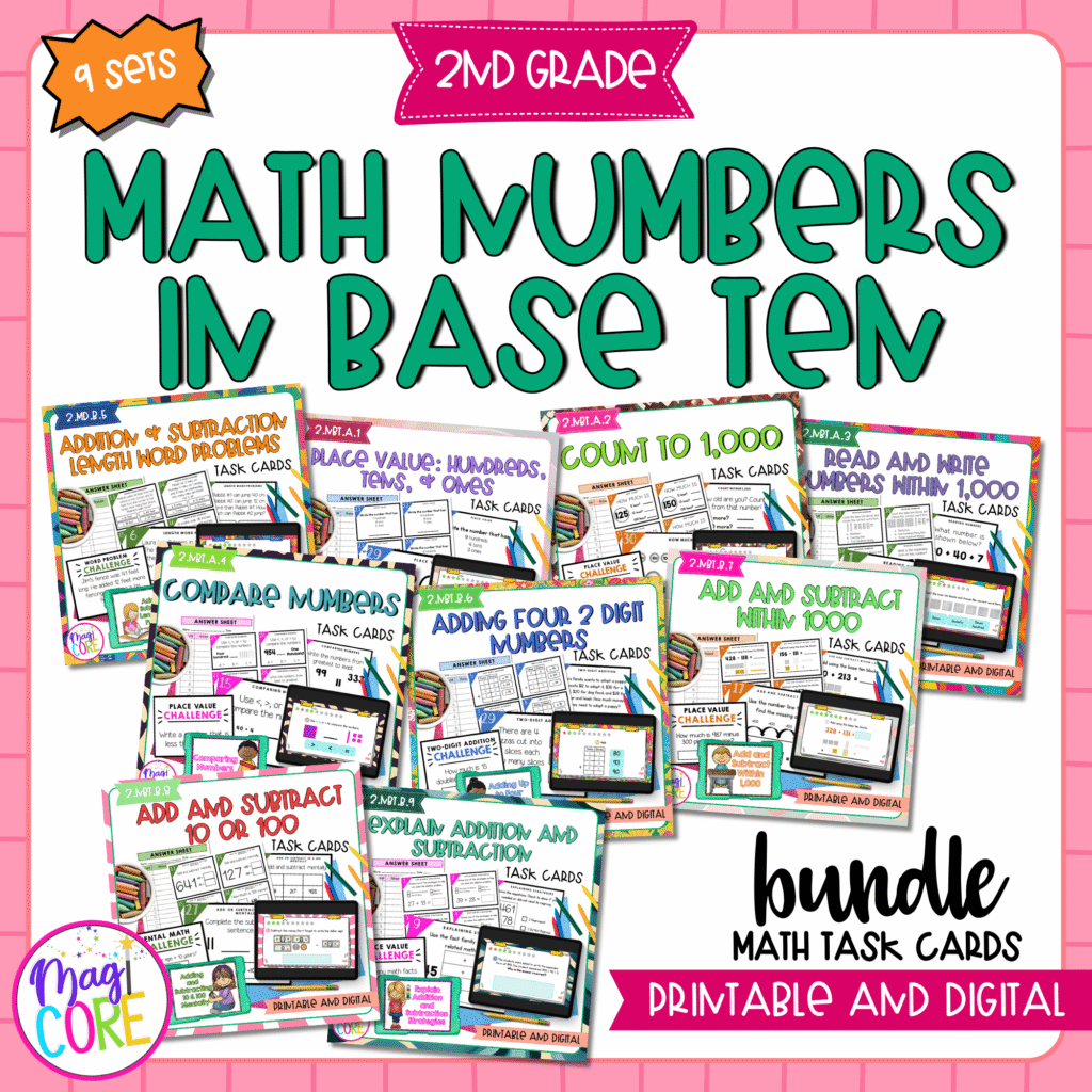 Numbers & Operations in Base Ten - 2nd Grade Task Cards | MagiCore