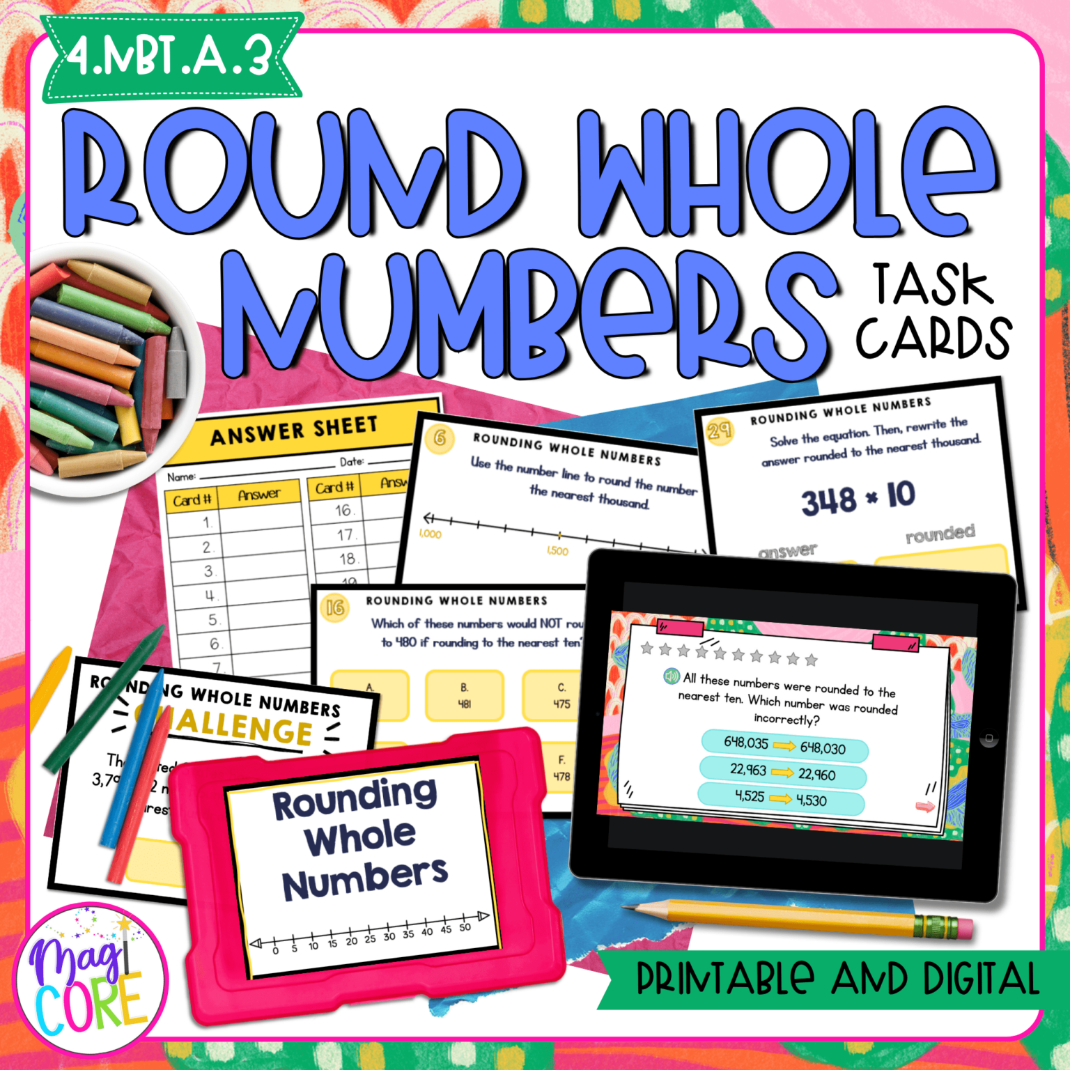 Rounding Whole Numbers - 4th Grade Math Task Cards - 4.NBT.A.3 | MagiCore