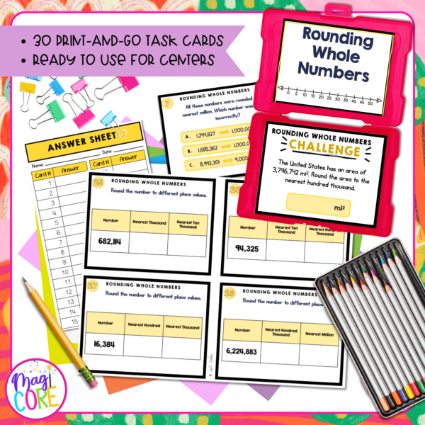 Rounding Whole Numbers - 4th Grade Math Task Cards - 4.NBT.A.3 | MagiCore