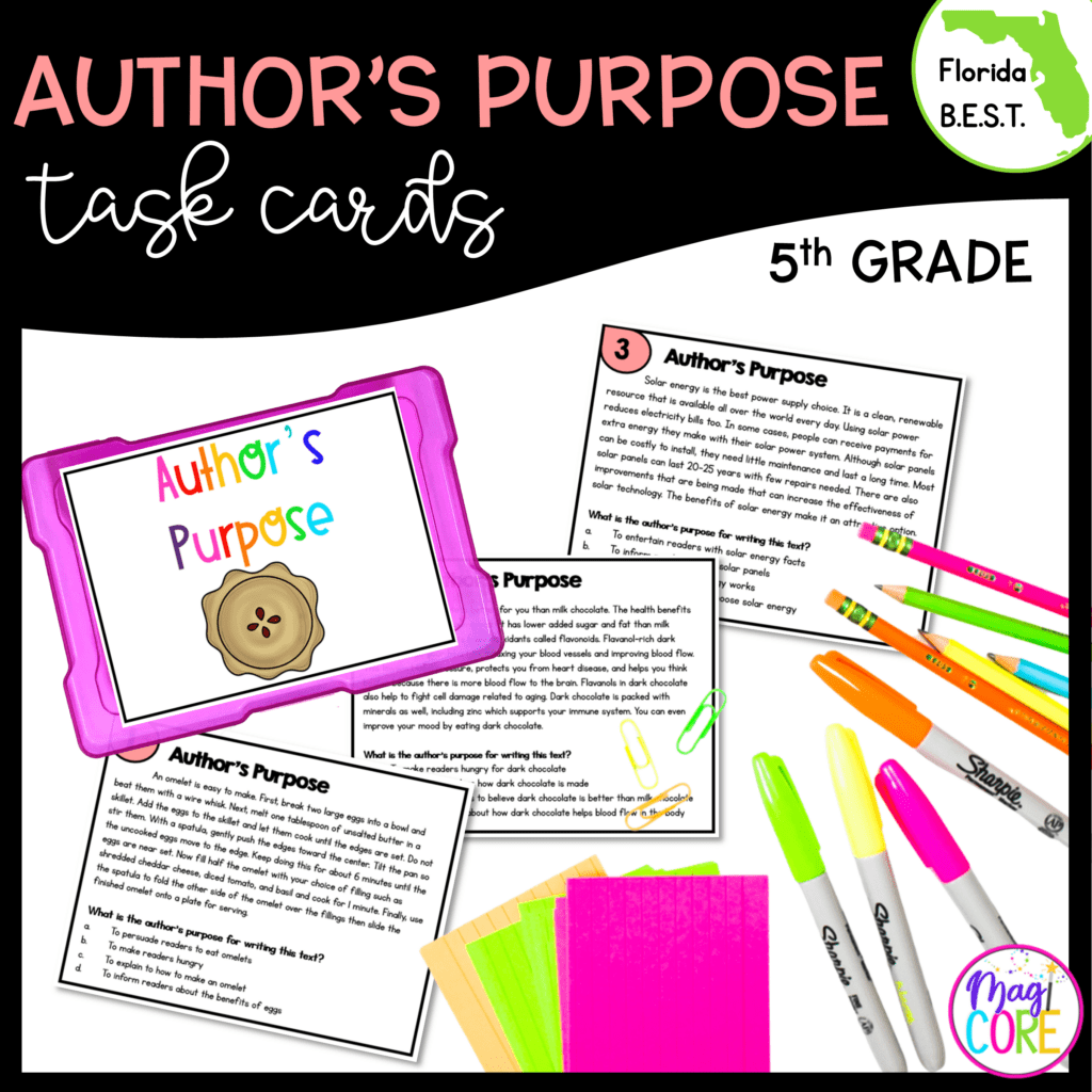 Author's Purpose Task Cards - 5th Grade - FL BEST ELA.5.R.2.3 | MagiCore