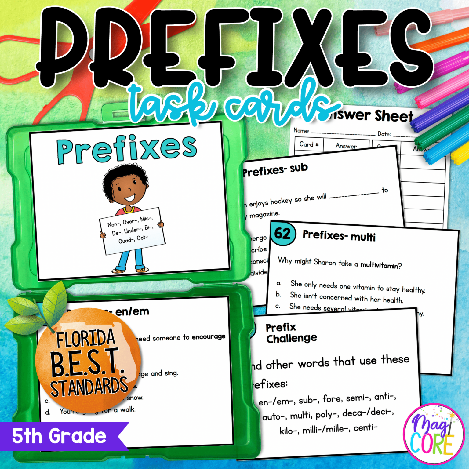 Prefixes Task Cards - 5th Grade FL BEST - ELA.5.V.1.2 | MagiCore