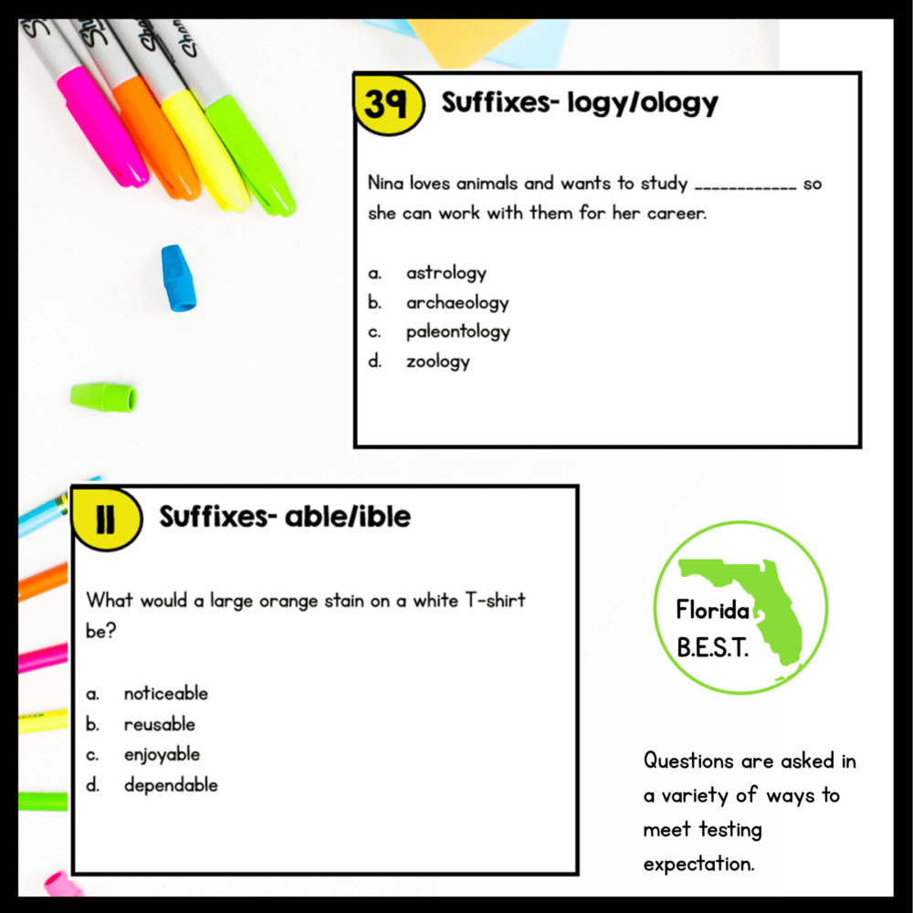 Suffixes Task Cards - 5th Grade FL BEST - ELA.5.V.1.2 | MagiCore