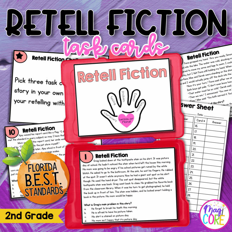 Retell Fiction Task Cards - 2nd Grade - ELA.2.R.3.2 | MagiCore