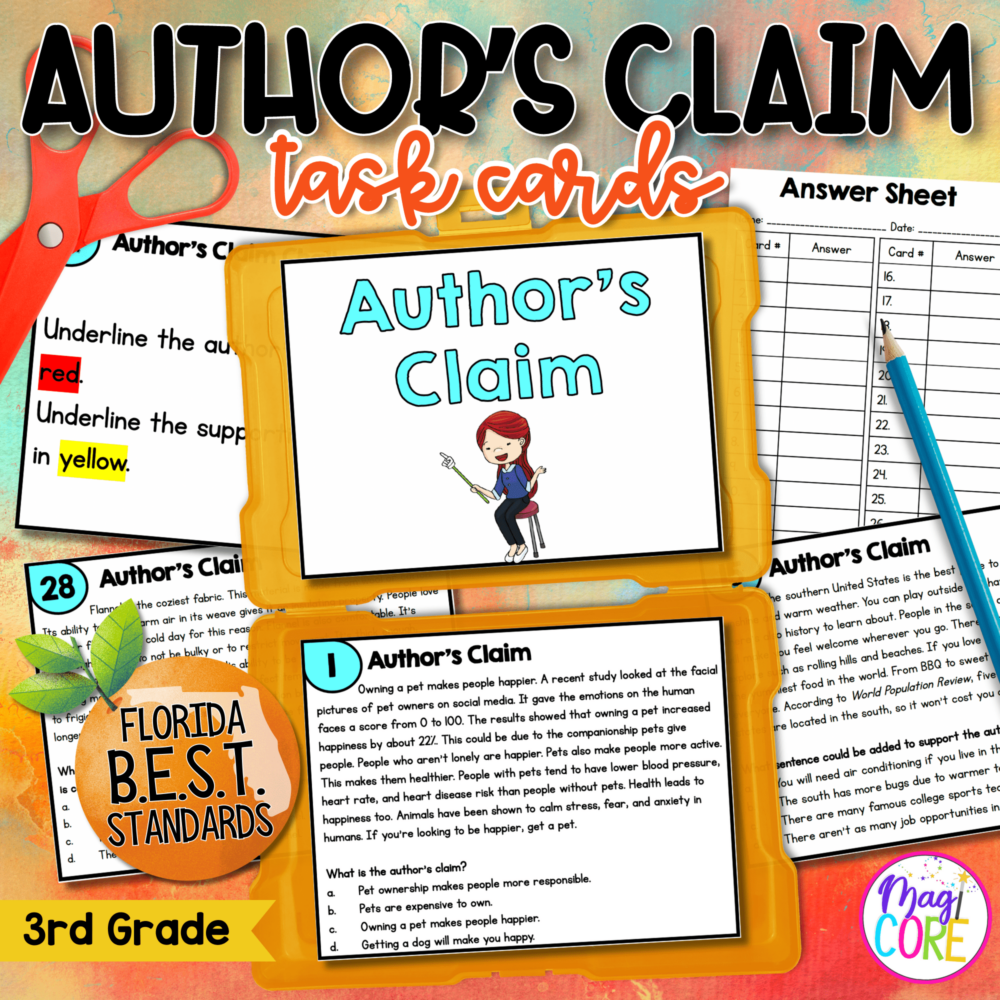 Author's Claim Task Cards - 3rd Grade - FL BEST | MagiCore