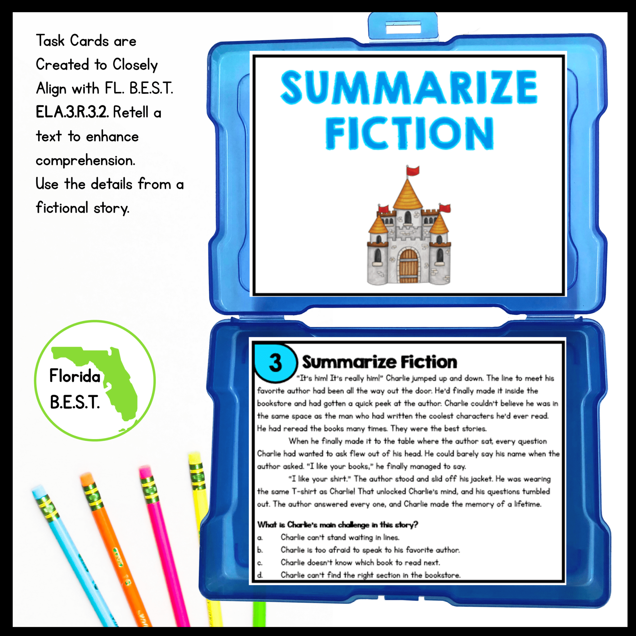 Summarize Fiction Task Cards - 3rd Grade - FL BEST | MagiCore