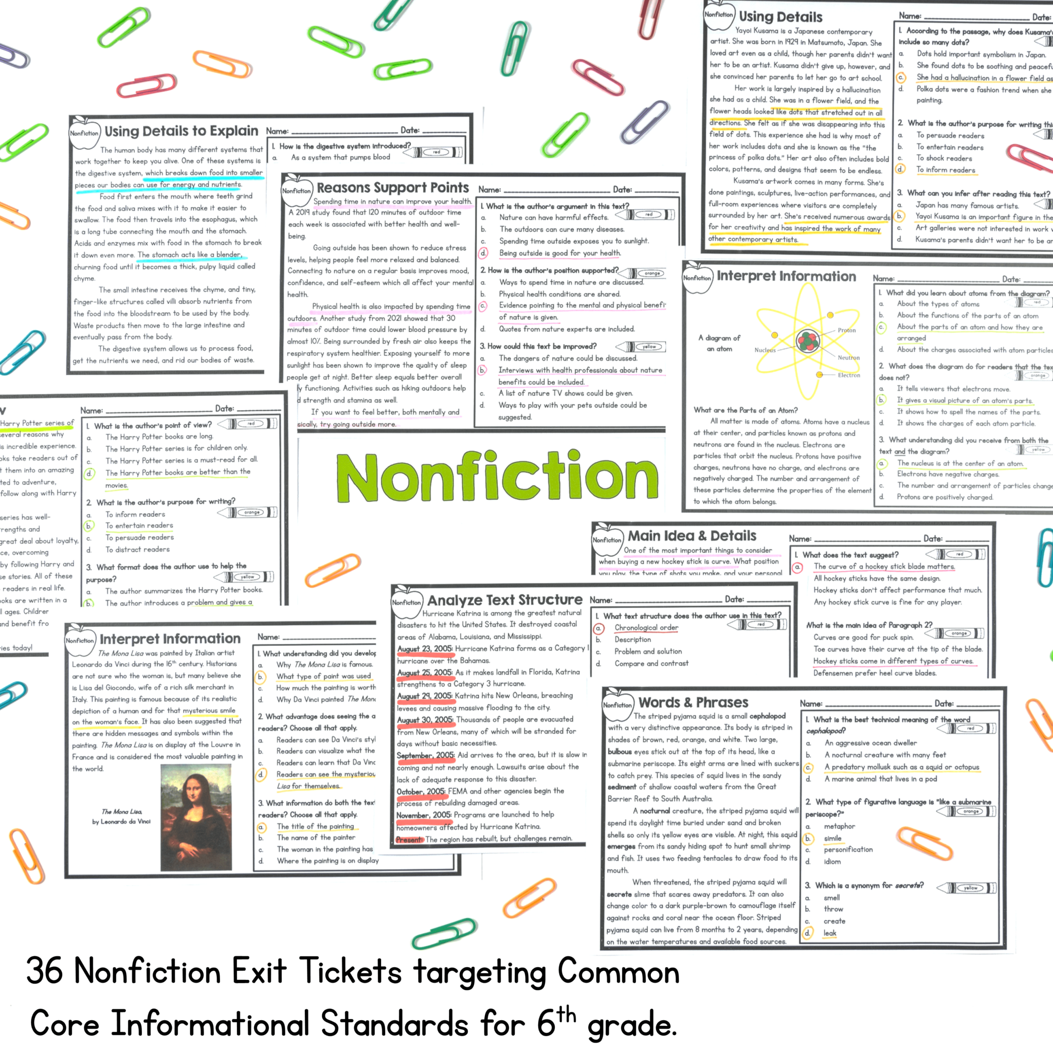 6th Grade Reading Comprehension Exit Tickets Slips Literature ...