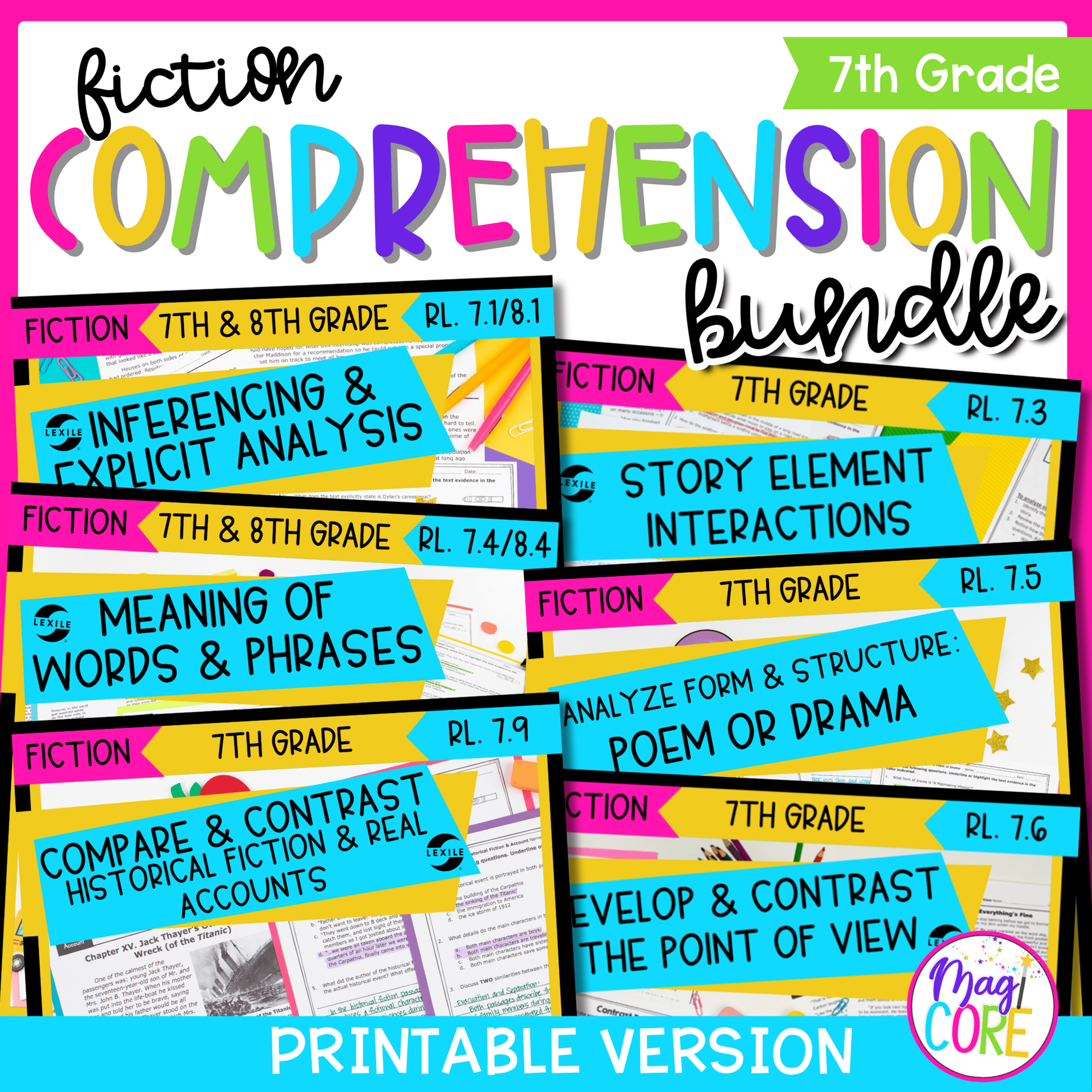 7th Grade Reading Comprehension Fiction Bundle MagiCore